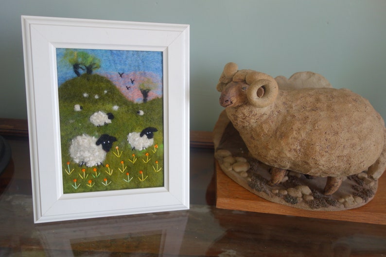 Felted picture or textile wall hanging of needle felted sheep | Etsy
