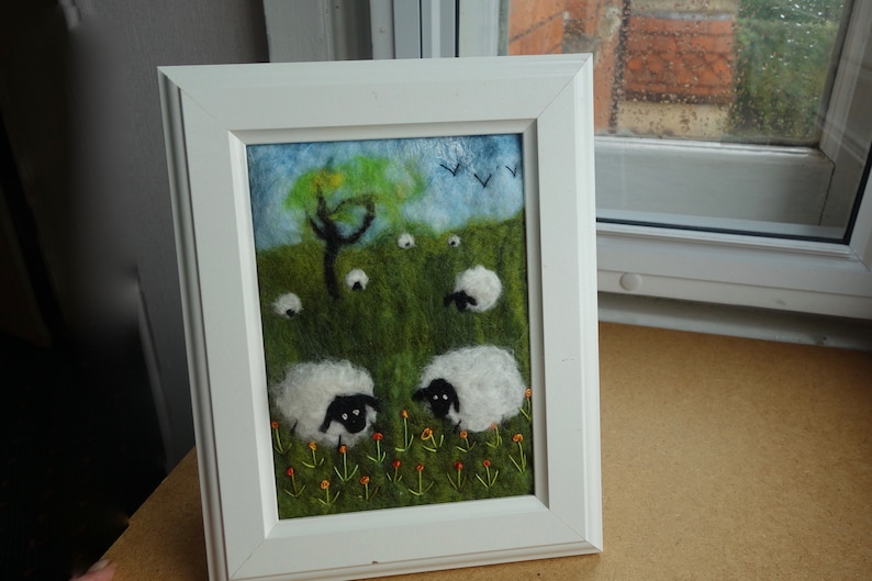 Felted picture or textile wall hanging of needle felted sheep | Etsy