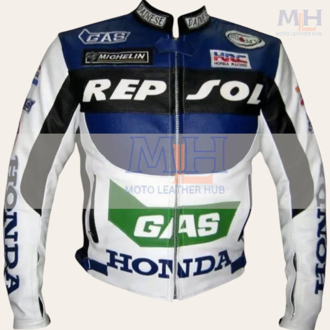Men’s Honda Repsol Gas Motorbike Racing Leather Jacket - Blue & White ...