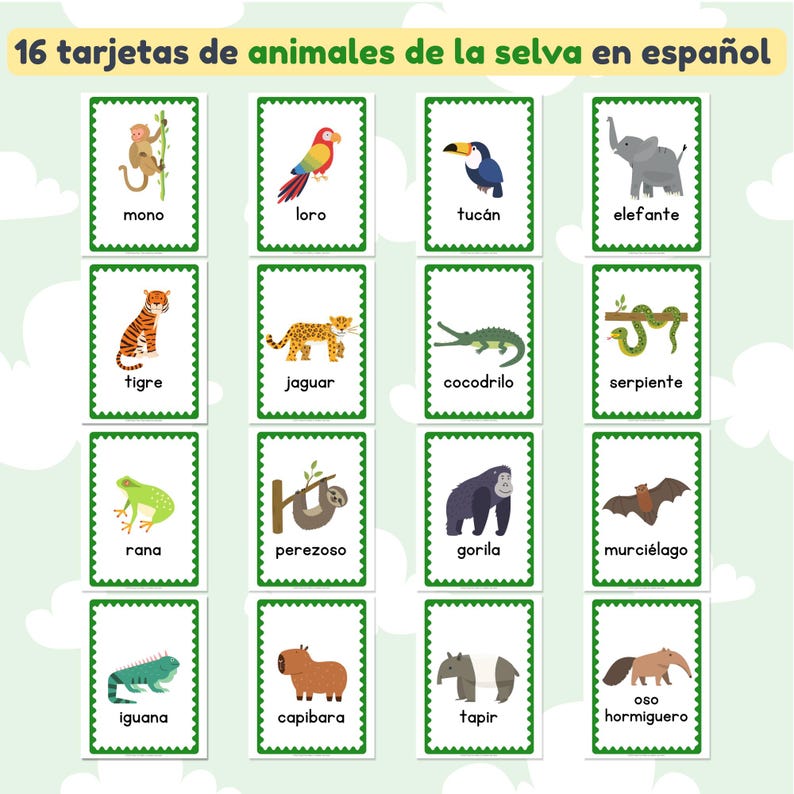 Spanish Jungle Animals Flashcards: Animales De La Selva (printable PDF ...