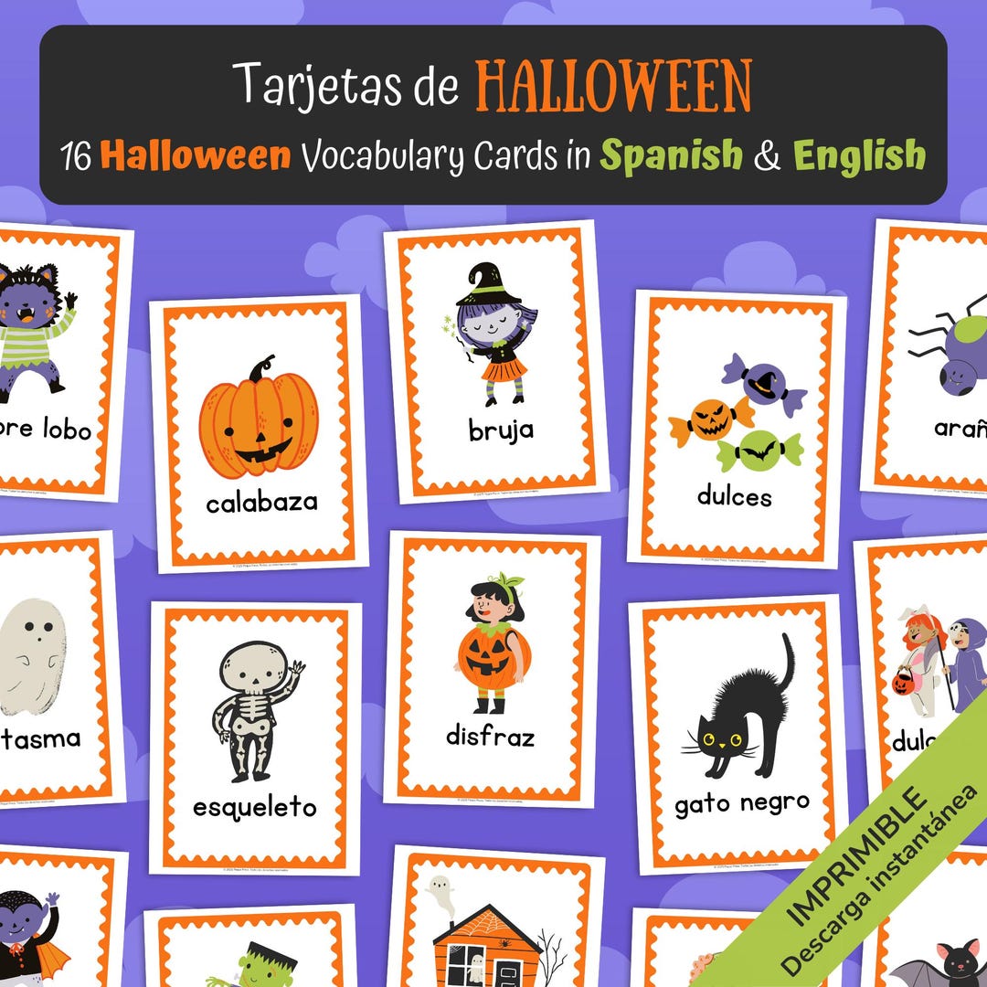 Spanish Halloween Flashcards: Kids Vocabulary Learning Cards (printable ...