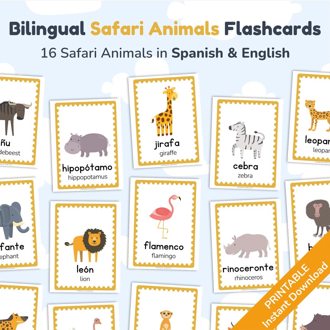 Bilingual Safari Animals Flashcards: Spanish English Learning Cards ...