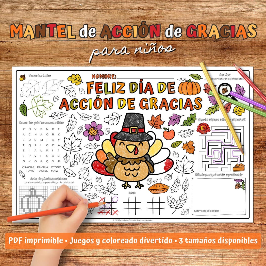 Spanish Thanksgiving Placemat: Fun Games & Coloring for Kids (printable ...