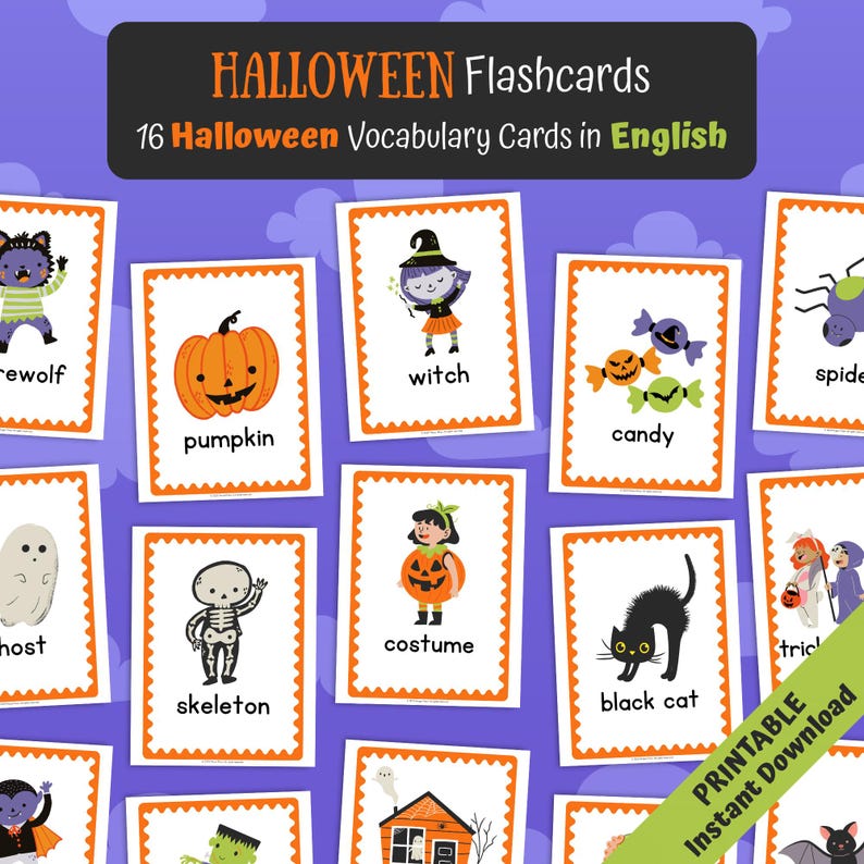 Tarjetas didácticas de Halloween: Tarjetas de aprendizaje de inglés ...