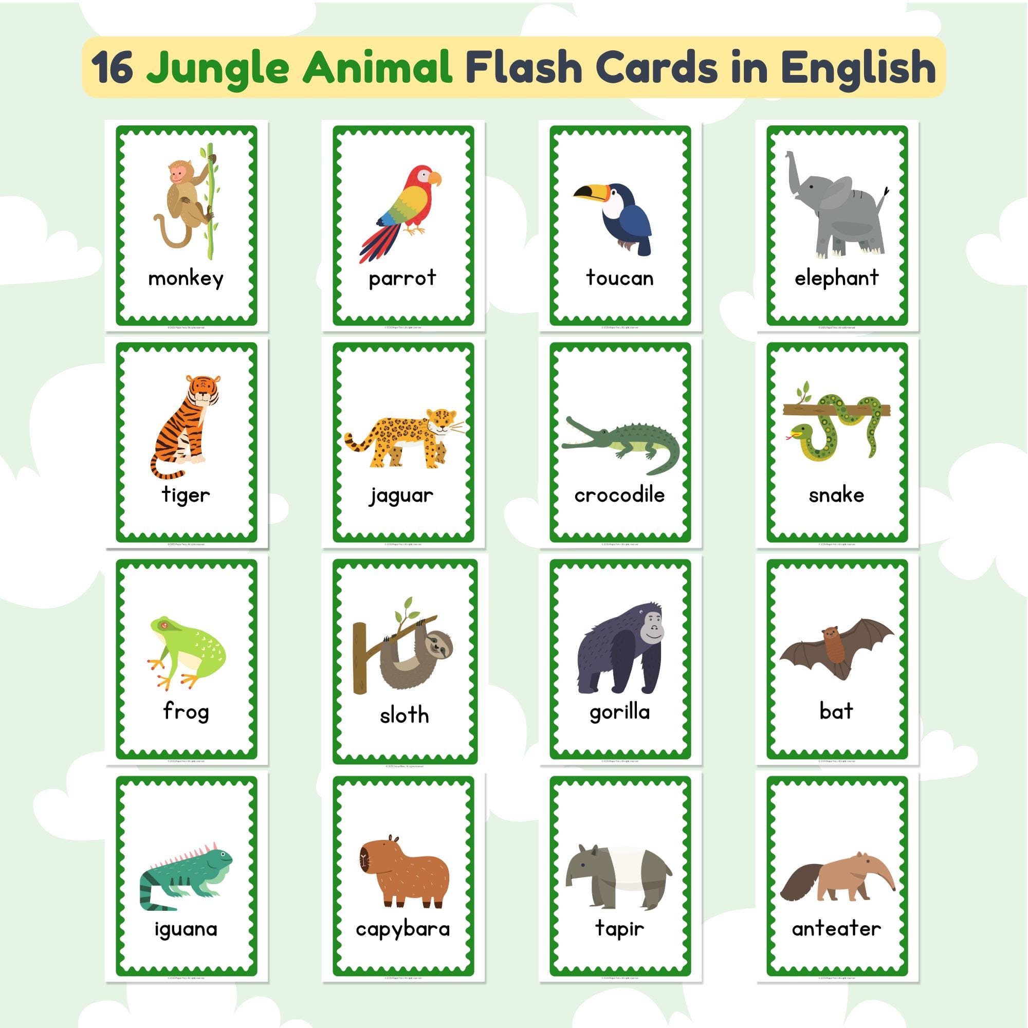 Jungle Animals Flashcards: English Kids Learning Cards (printable PDF ...