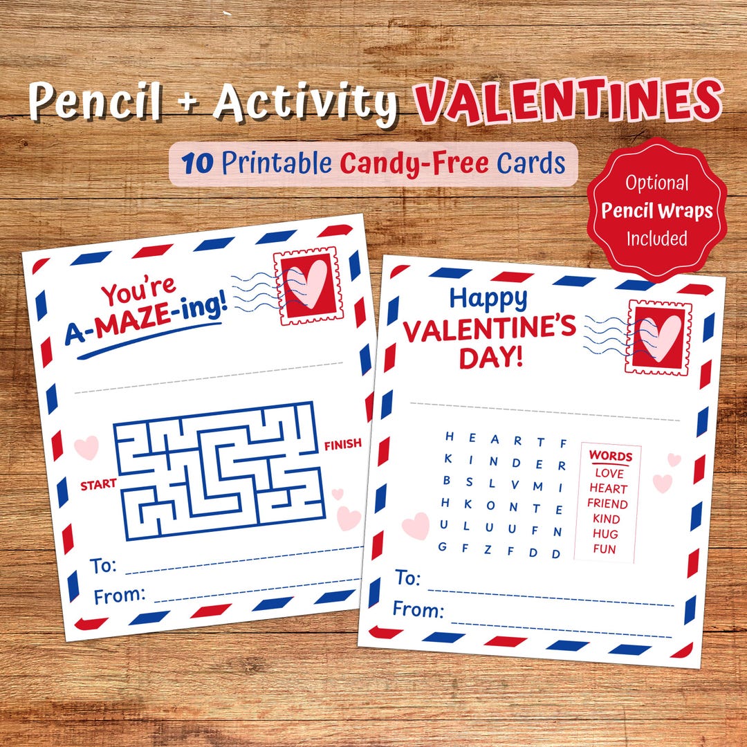 Pencil Activity Valentine Cards | Candy-free Printable Maze & Word ...