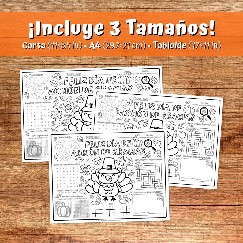 Spanish Thanksgiving Placemat: Fun Games & Coloring for Kids (printable ...