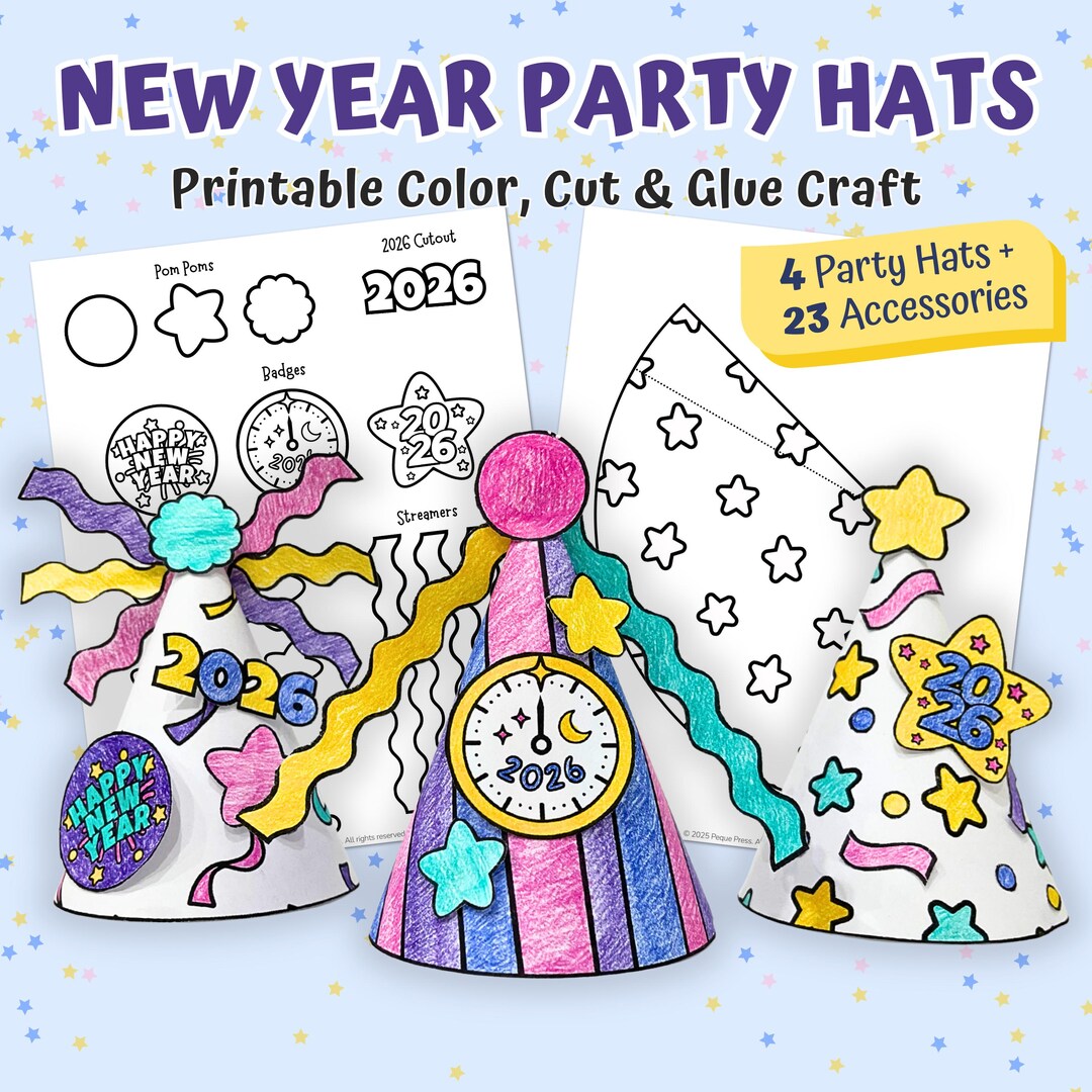 New Year Party Hats Craft 2026 | Printable Color, Cut & Glue Activity ...