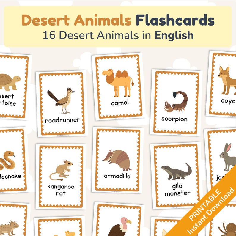 Desert Animals Flashcards: English Kids Learning Cards (PDF Download ...