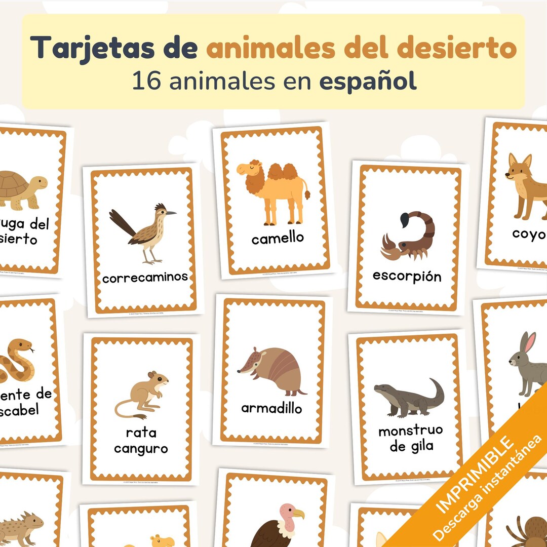 Spanish Desert Animals Flashcards: Printable Kids Learning Cards (PDF ...