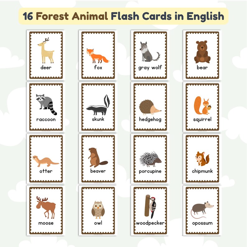 Forest Animals Flashcards: Kids English Vocabulary Cards (PDF Download ...