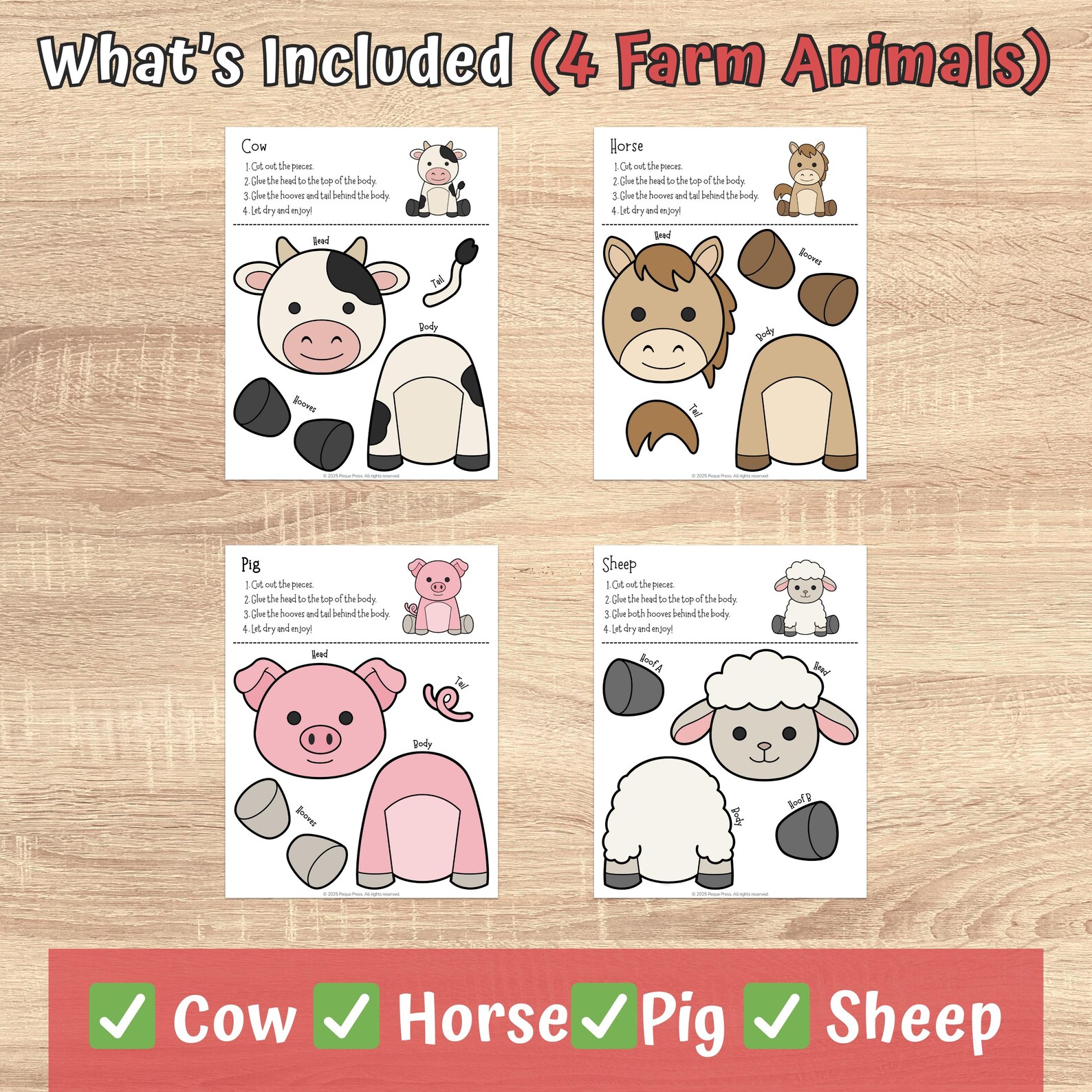 Farm Animal Cut & Glue Bundle | 4 Printable Crafts for Kids | Cow ...