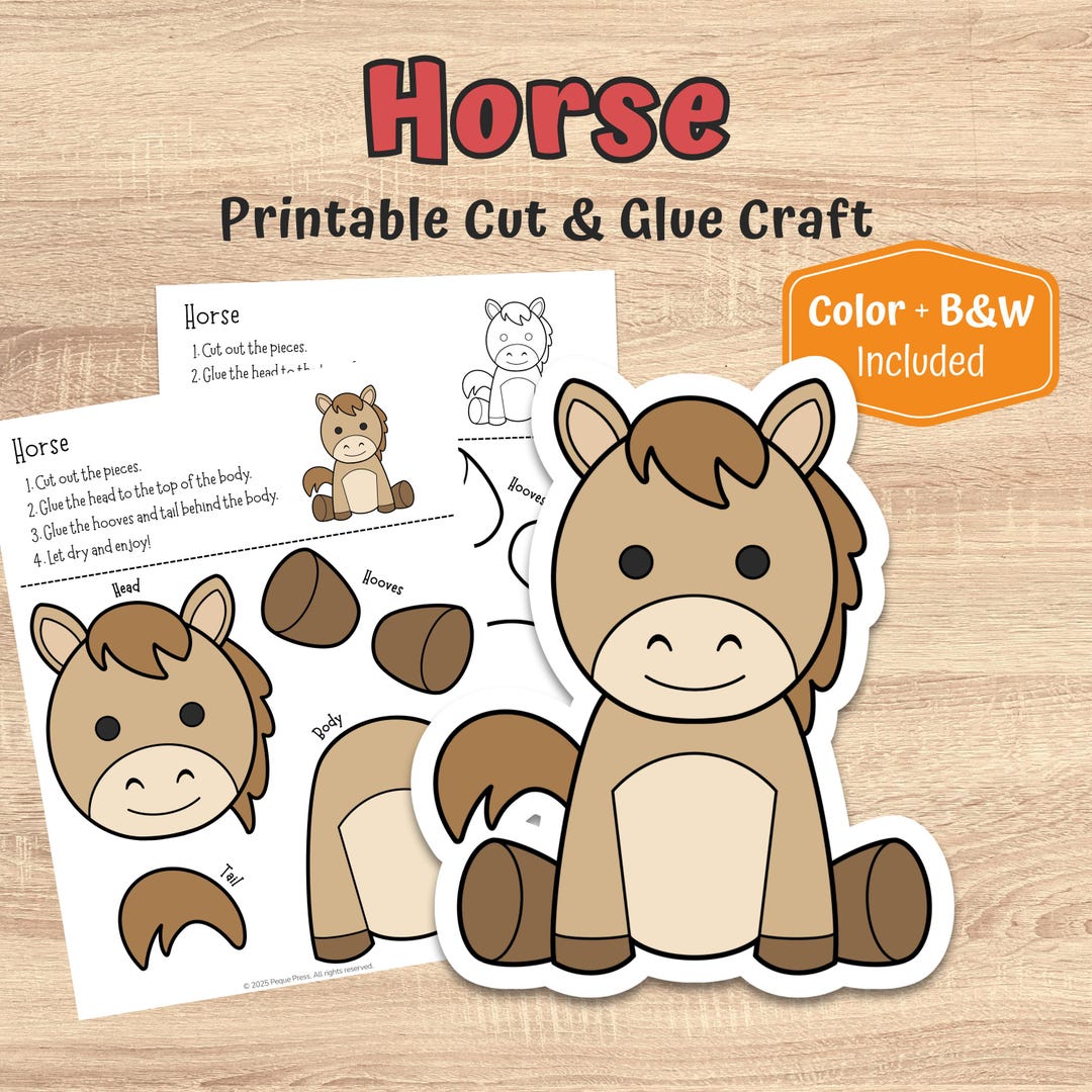 Horse Cut and Glue Craft | Printable Color & Assemble Animal Activity ...