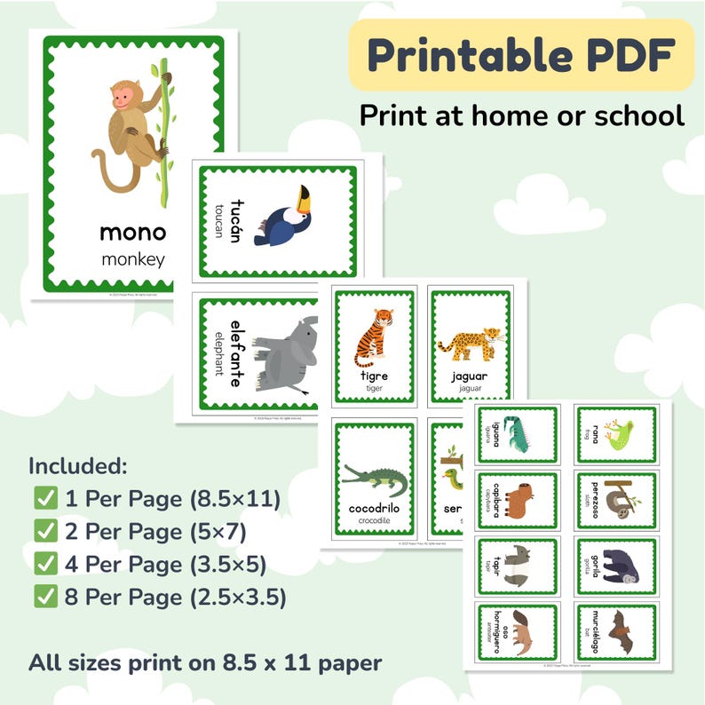 Bilingual Jungle Animals Flashcards: Spanish English Learning Cards ...