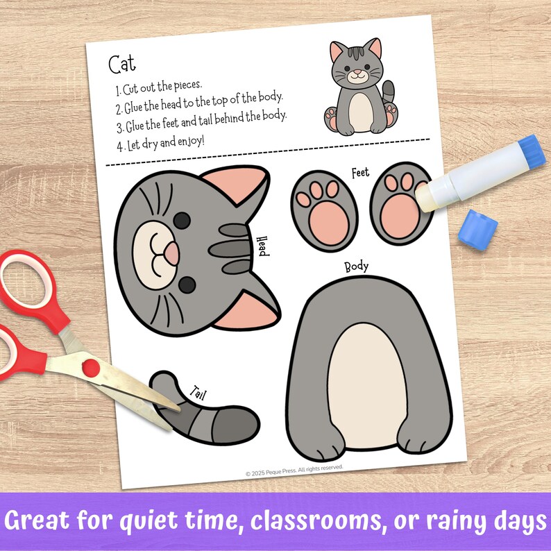 Cat Cut & Glue Craft | Printable Color and Assemble Animal Activity for ...