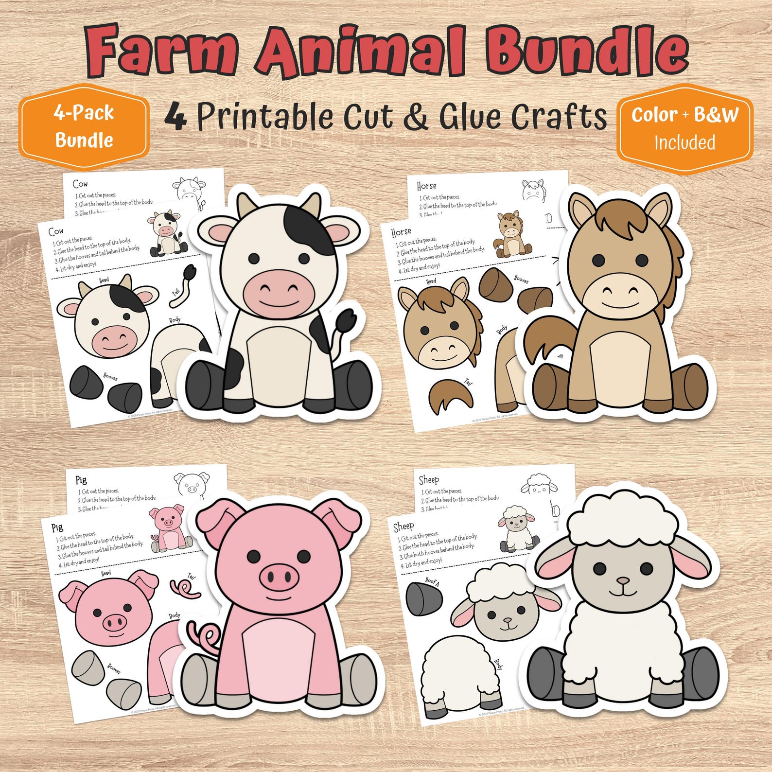 Farm Animal Cut & Glue Bundle | 4 Printable Crafts for Kids | Cow ...