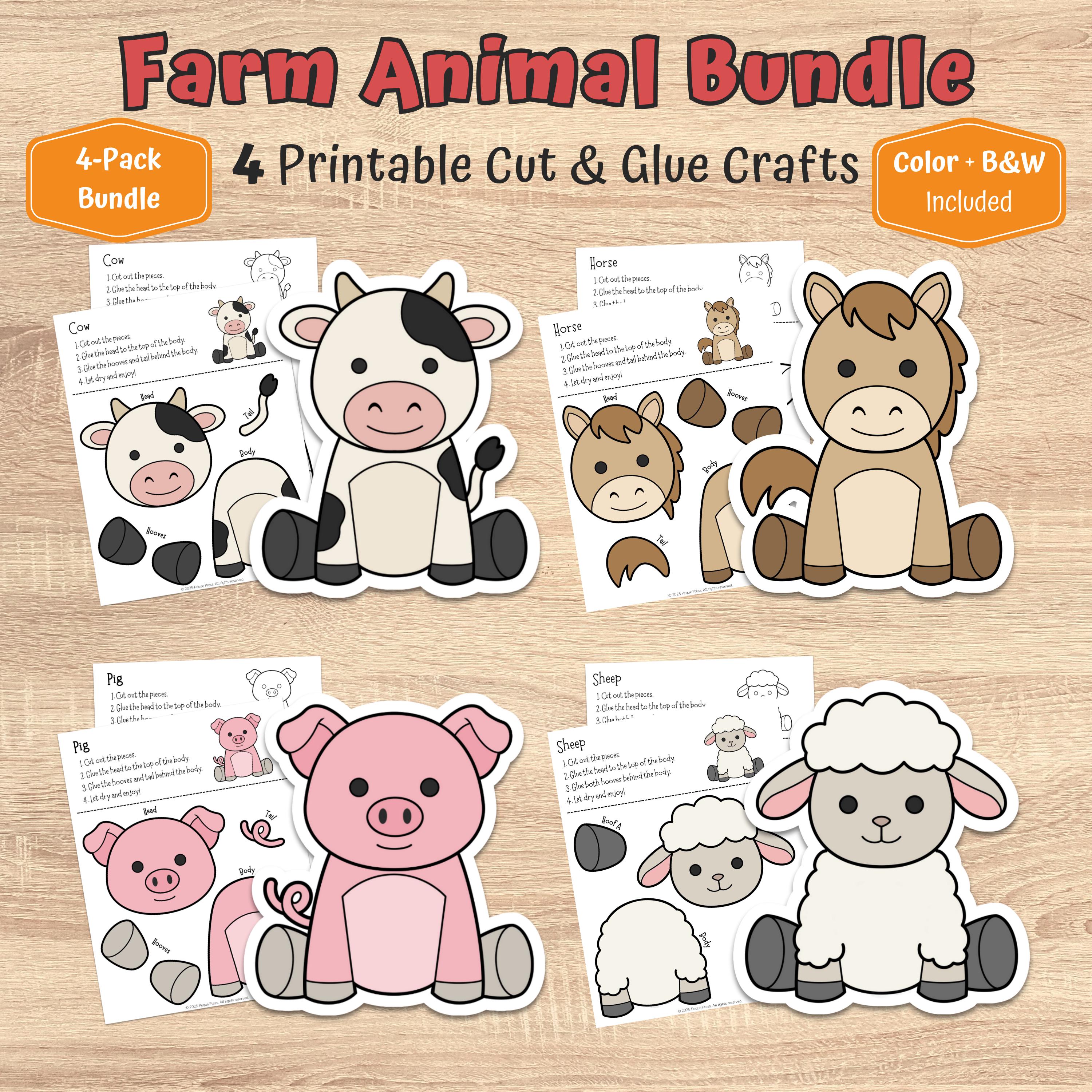 Farm Animal Cut & Glue Bundle | 4 Printable Crafts for Kids | Cow ...