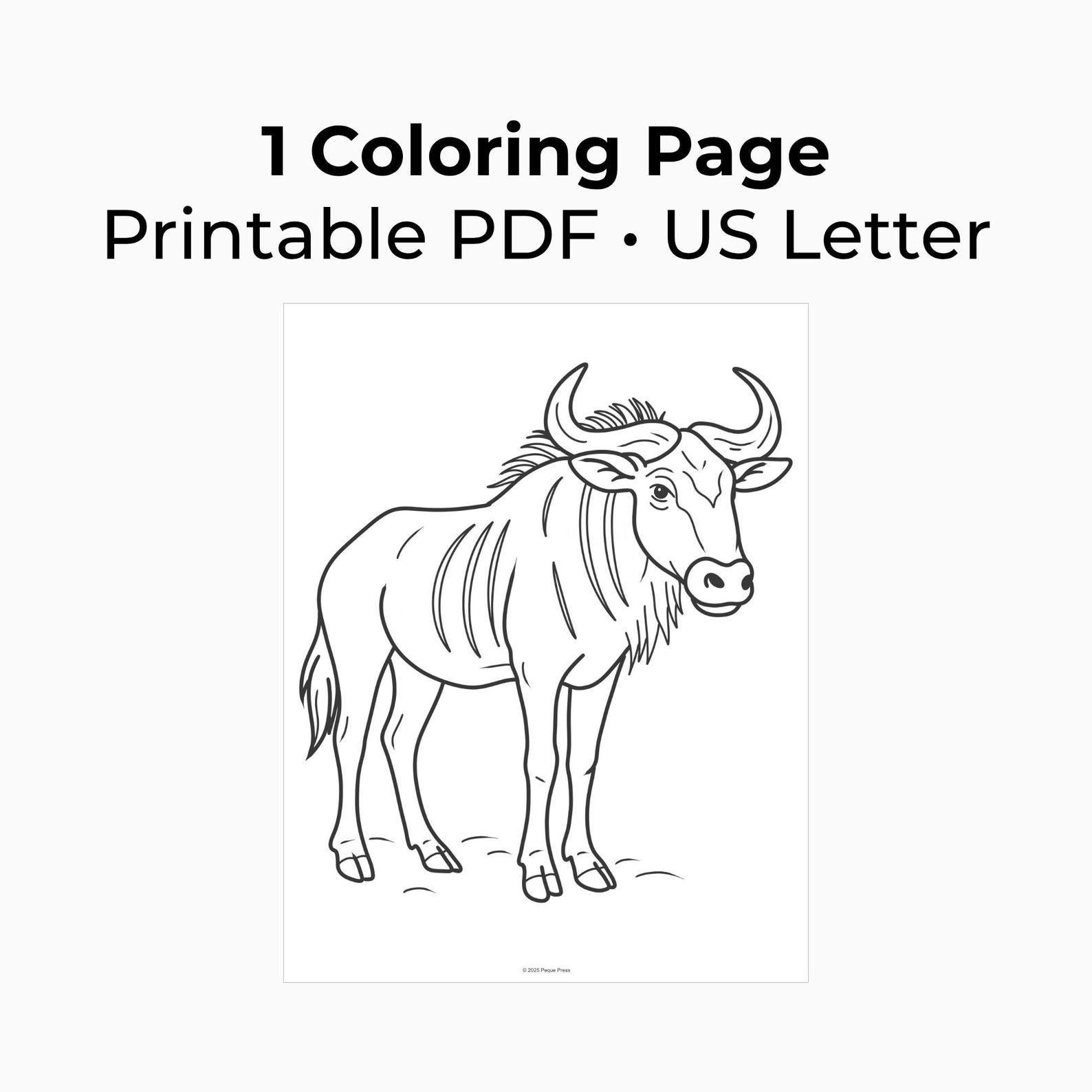 Wildebeest Coloring Page | Printable Wildlife Animal Sheet (PDF ...