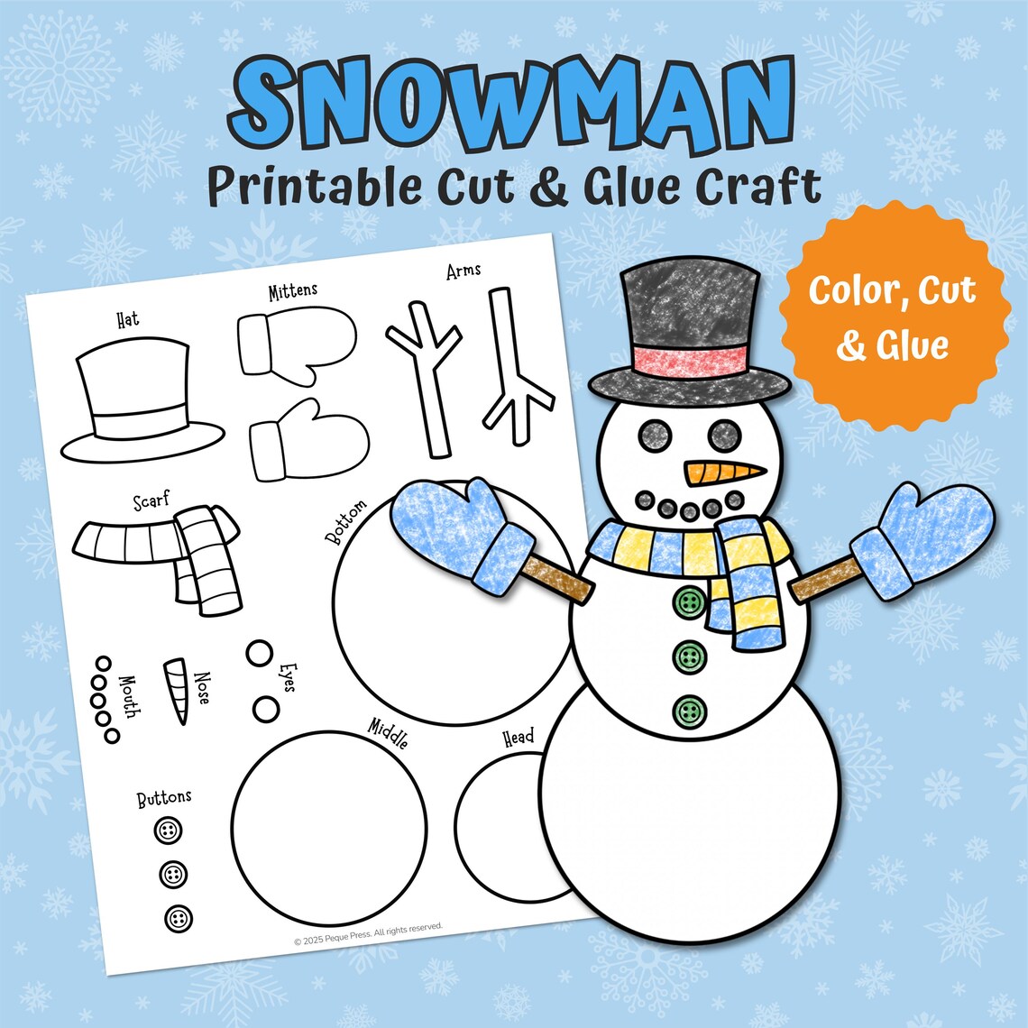 Snowman Cut & Glue Craft | Printable Color and Assemble Winter Activity ...
