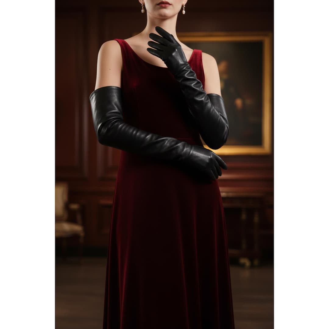 Extra Long Leather Opera Gloves | Black Elbow Length Costume Accessory ...