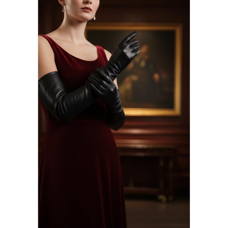 Extra Long Leather Opera Gloves | Black Elbow Length Costume Accessory ...
