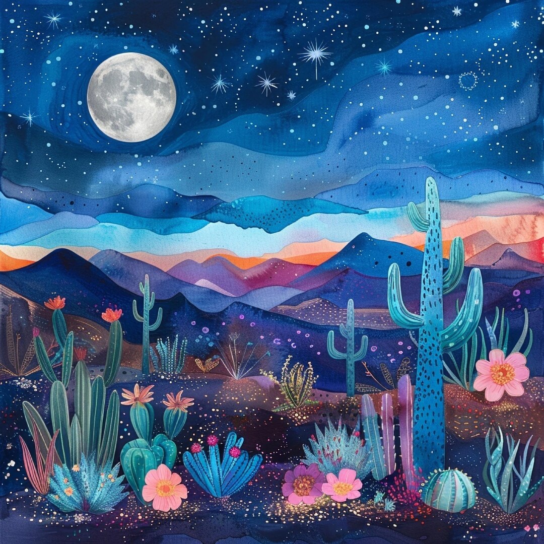 Moonlit Desert Landscape Printable – Watercolor Wall Art, Square ...
