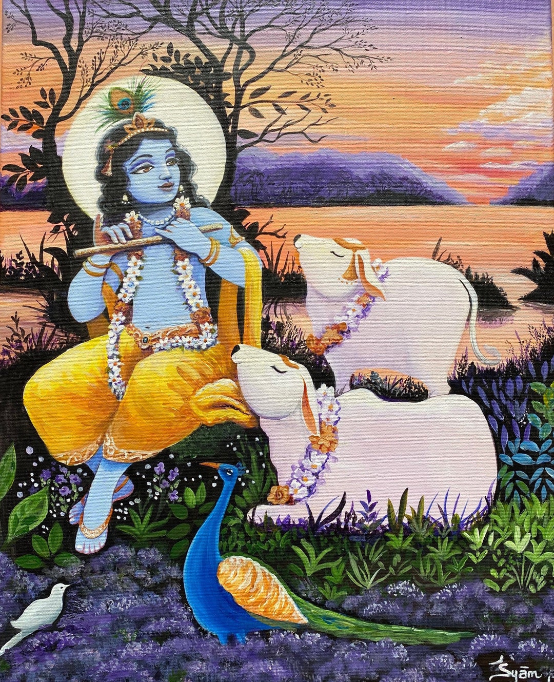 Krishna Art Original Painting Krsna With Cows Syam Marquez Sunset ...