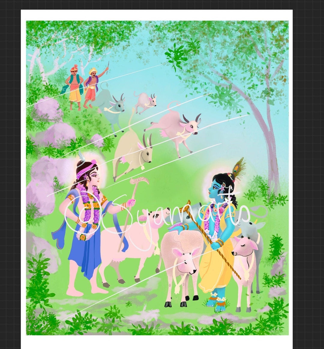 Krishna and Cows Art Balaram Vrindavan Nursery Temples Pastels Happy ...