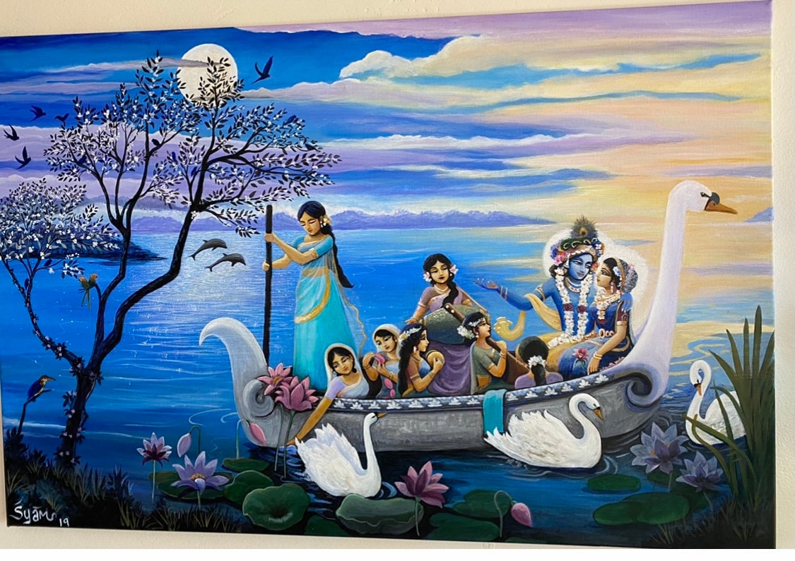 ORIGINAL Art Radha Krishna Boat Pastime Painting by Syam Marquez 24x36 ...