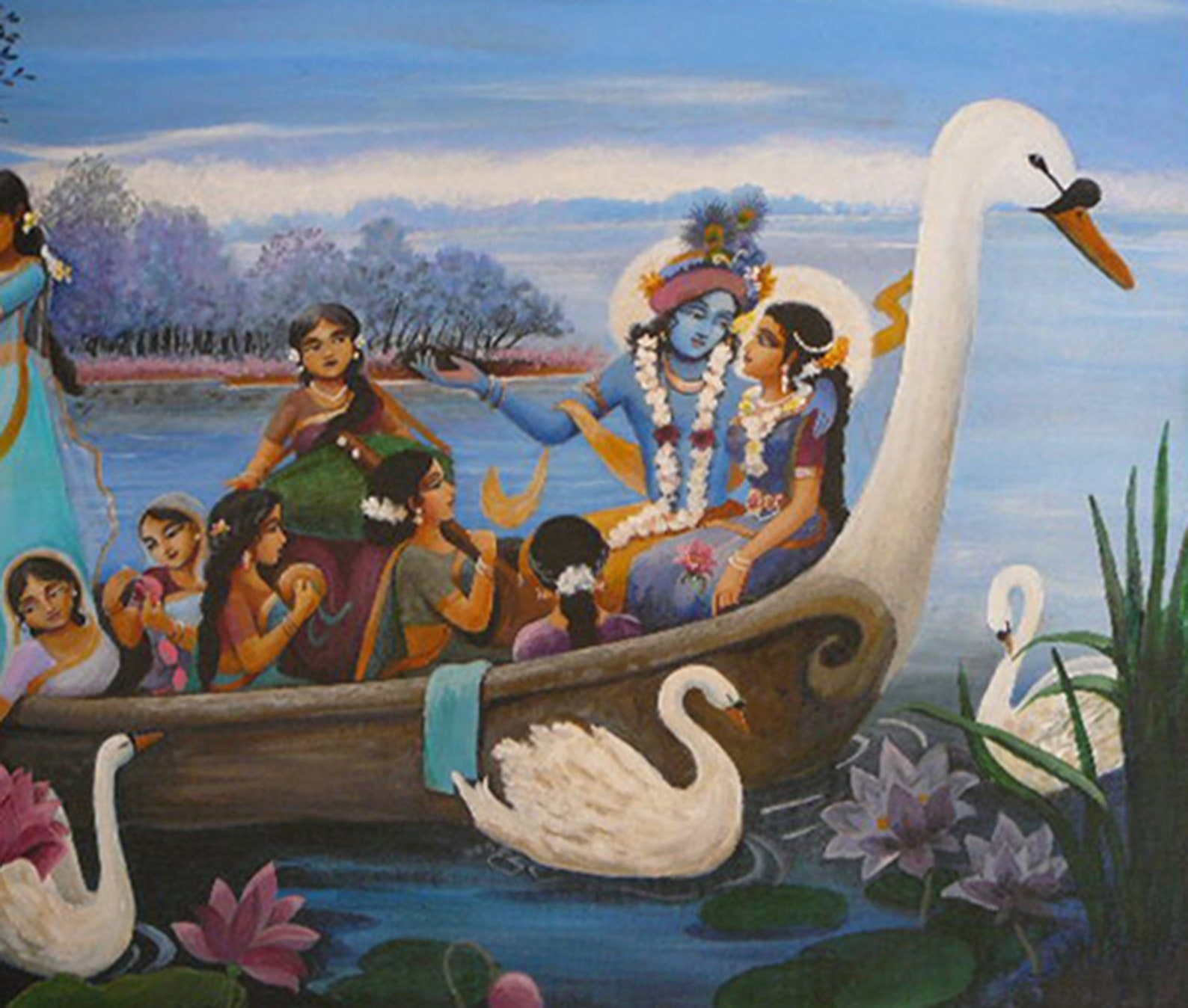 Krishna Radha Blue Boat Festival Full Moon Large Devotional Art ...