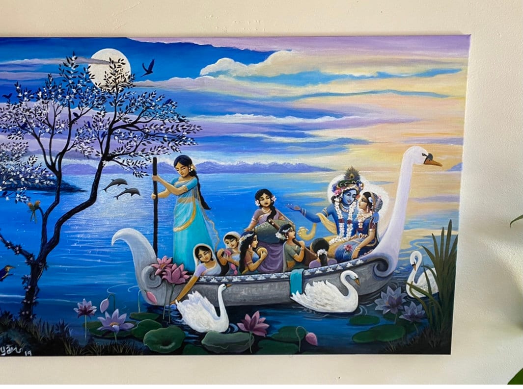 ORIGINAL Art Radha Krishna Boat Pastime Painting by Syam Marquez 24x36 ...