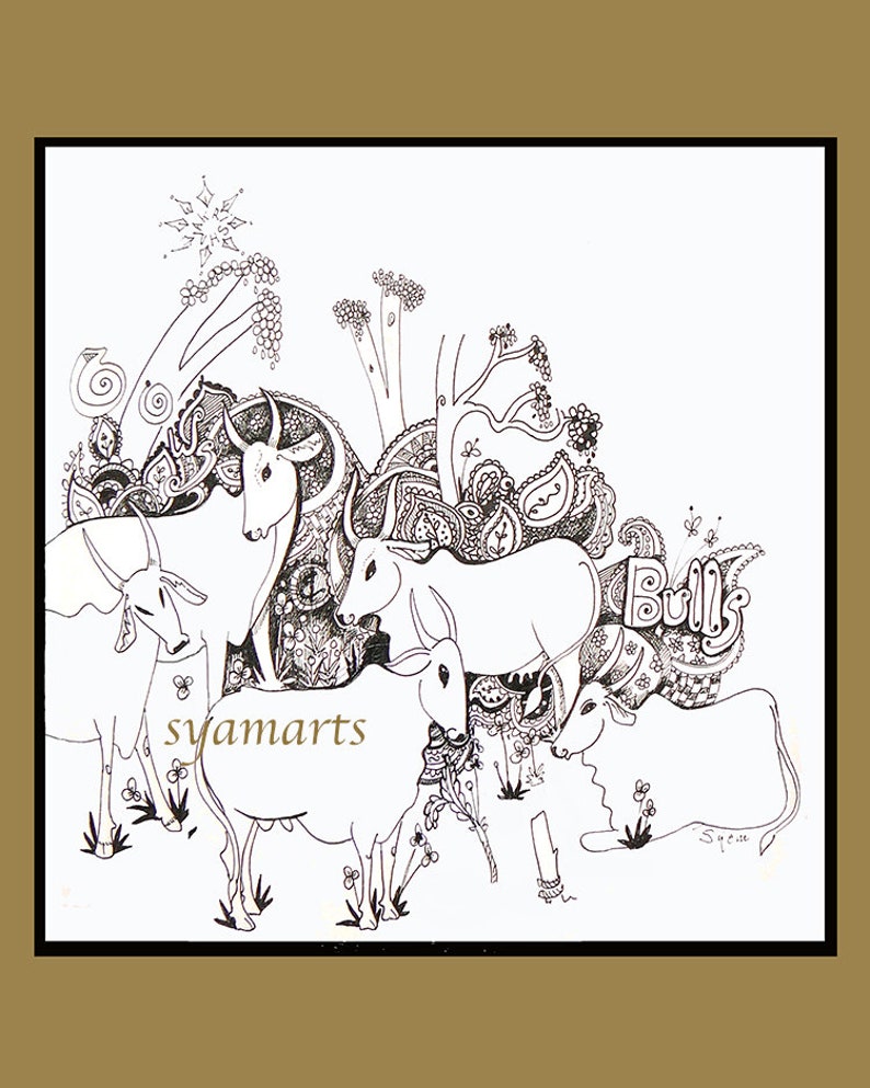 Henna Art Cows Animal Love Mehendi Doodle Pen and Ink Canvas Modern ...