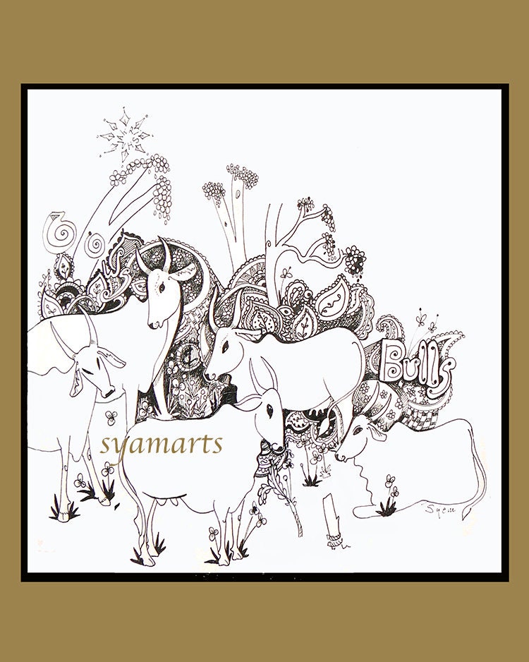 Henna Art Cows Animal Love Mehendi Doodle Pen and Ink Canvas Modern ...