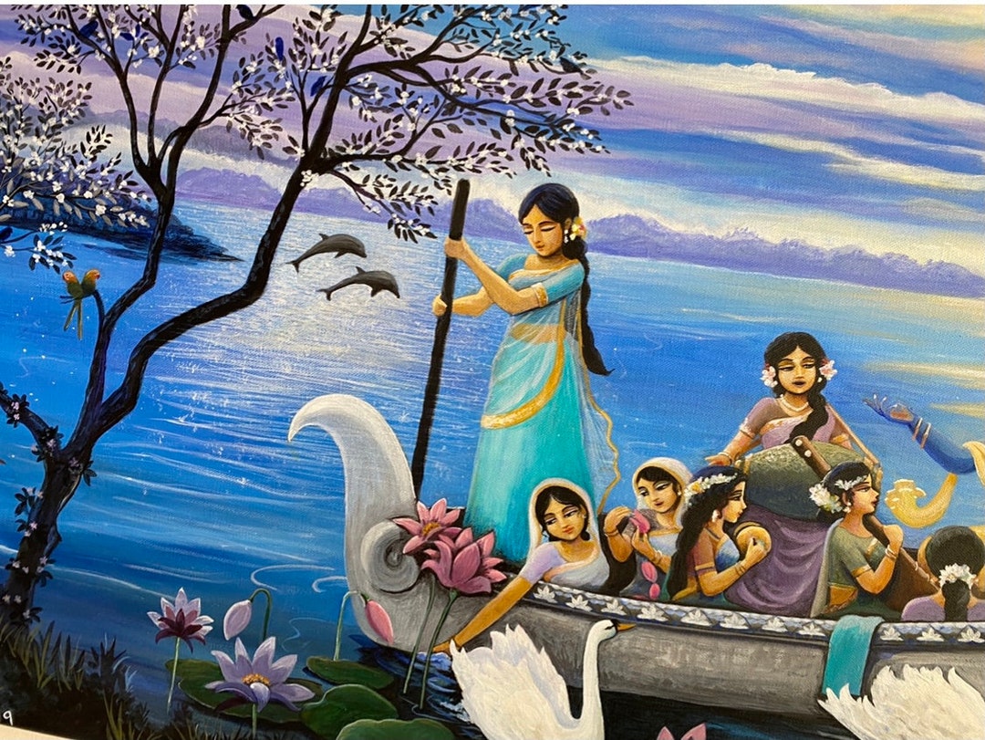 ORIGINAL Art Radha Krishna Boat Pastime Painting by Syam Marquez 24x36 ...