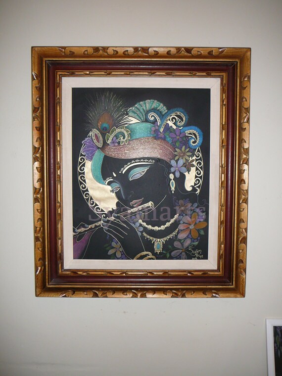 Krishna Drawing Lord of Love Black Gold Devotional Drawing Portrait ...