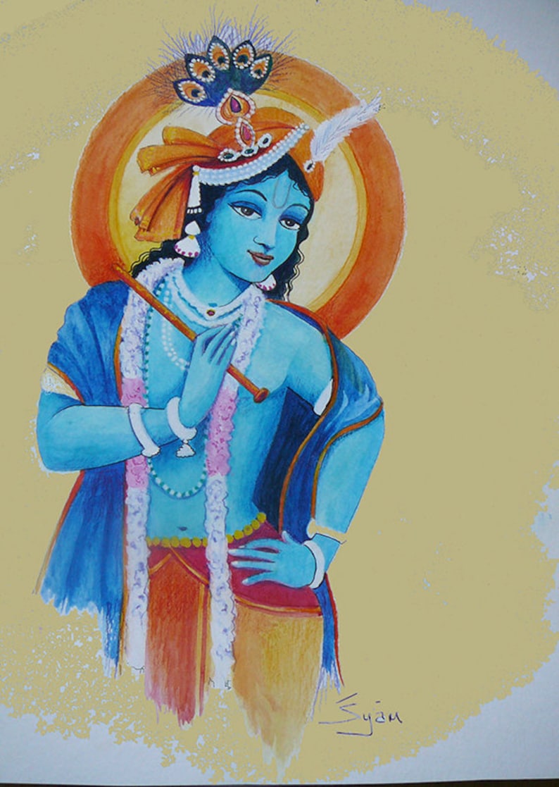 Krishna With Flute Watercolour Painting Hindu India Original Painting ...
