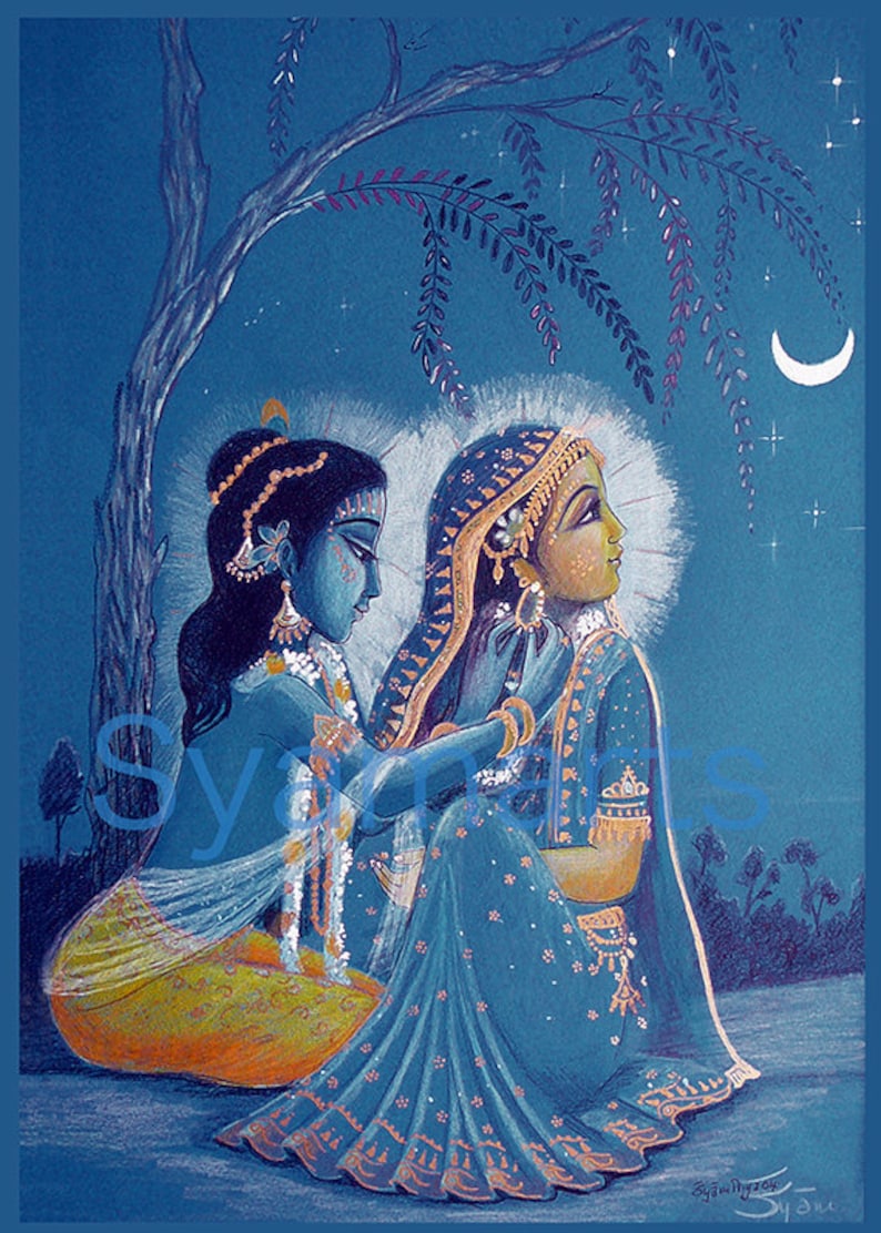 Radha Krsna Moonlit Night Pencil Drawing Syamarts Portrait of Divine Love Devotional Art India ...