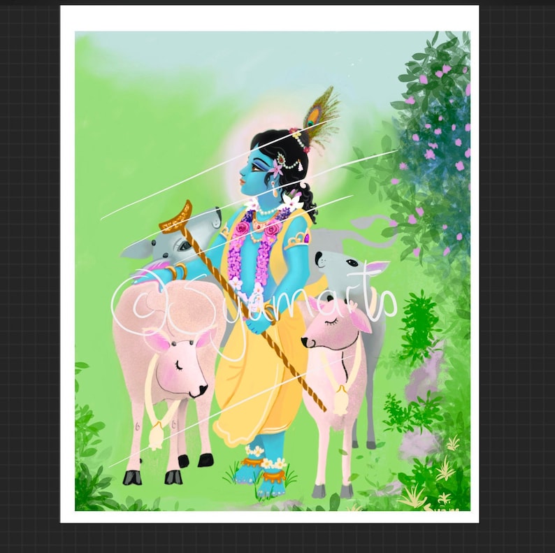 Krishna and Cows Art Balaram Vrindavan Nursery Temples Pastels - Etsy