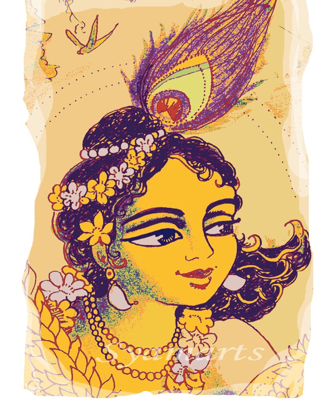 Cartoon Krishna Print, Lotus-eyed Boy With Peacock Feather - Etsy