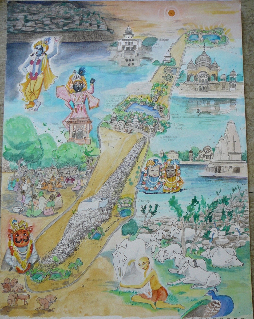 Map of Govardhan Hill 12x16" Original Painting ..watercolor Ink Also ...