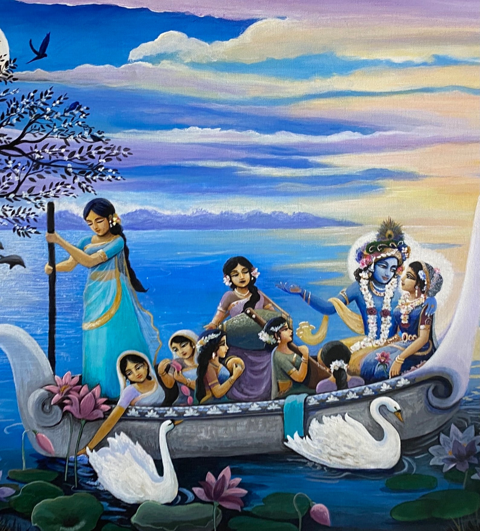 ORIGINAL Art Radha Krishna Boat Pastime Painting by Syam Marquez 24x36 ...