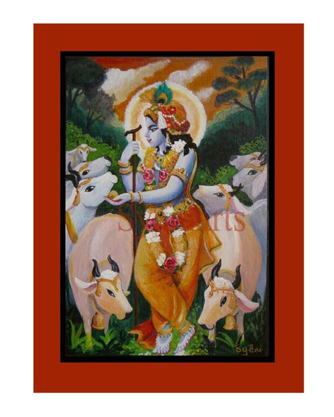Krishna and Cows Painting, Gopal Govinda Art, Home Temple Decor - Etsy