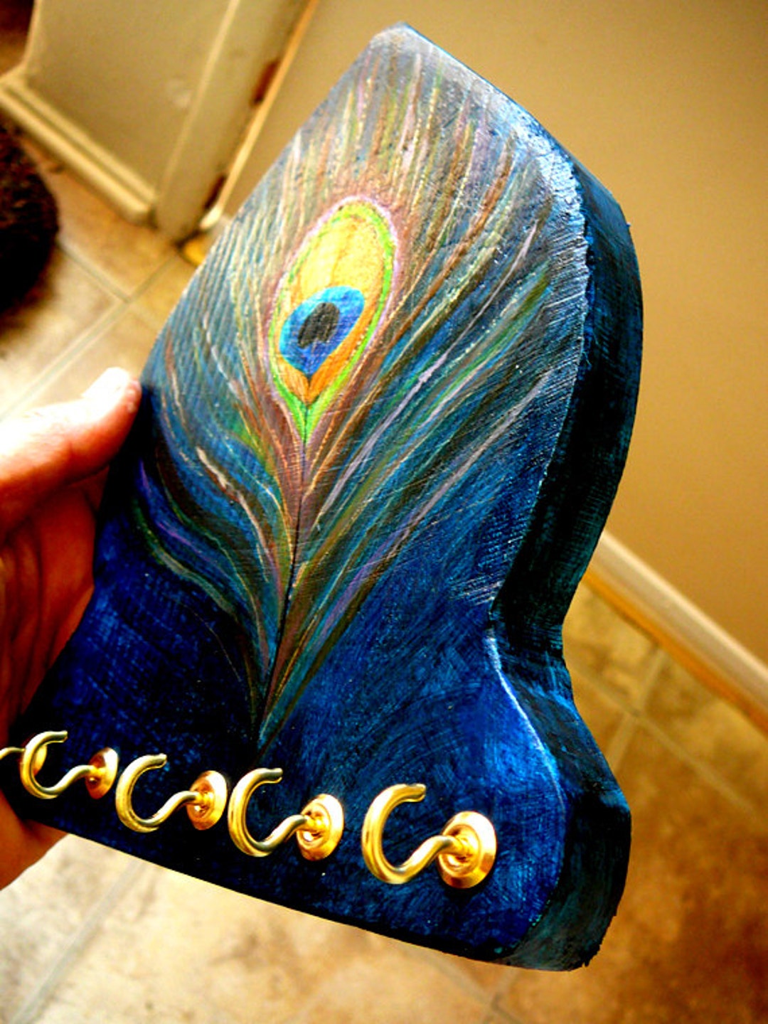 Hand Painted Peacock Feather Key Holder, Upcycled Wood Organizer - Etsy