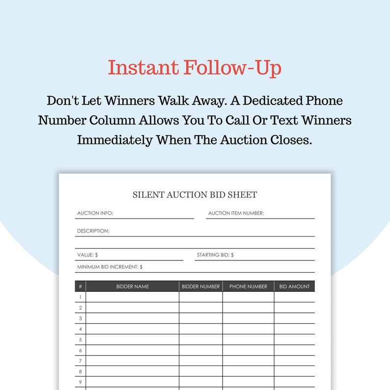 Silent Auction Bid Sheet With Bidder Number - Paddle ID & Name Columns ...