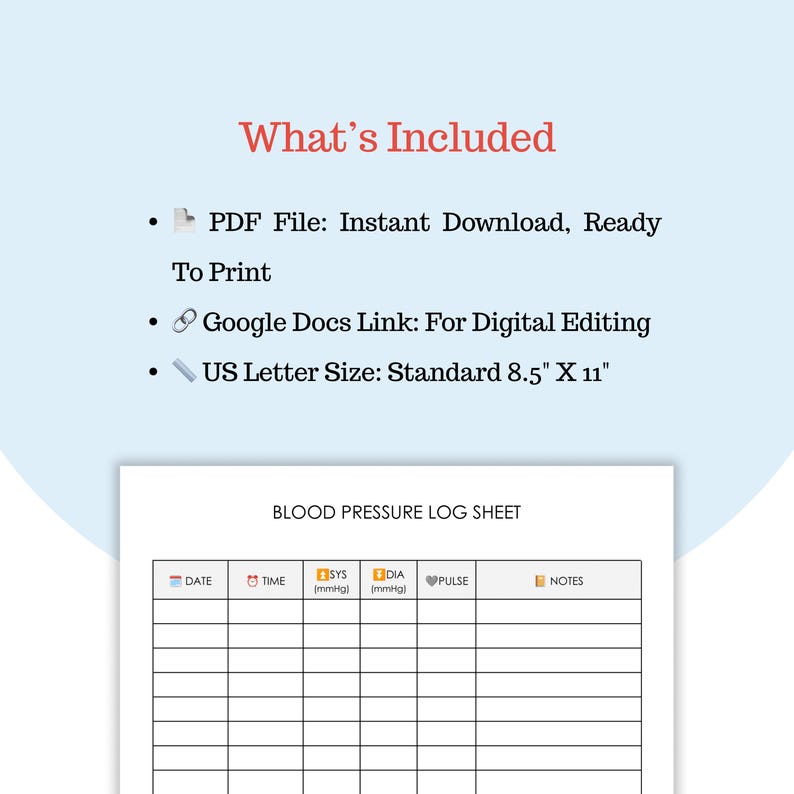 Blood Pressure Log Sheet Google Docs & PDF - Simple BP Tracker - Pulse ...