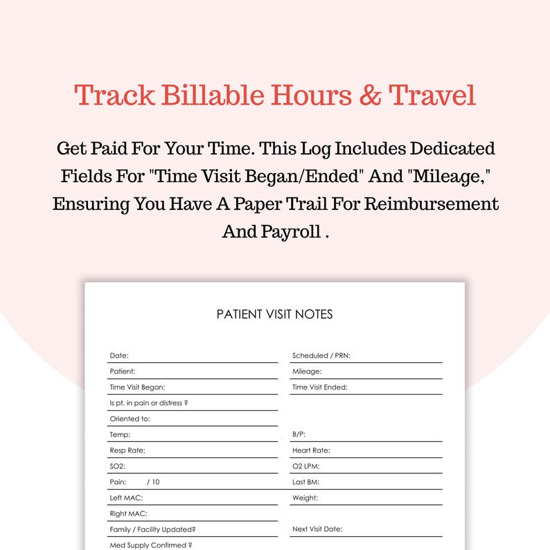 Home Health Visit Note - Nurse Patient Assessment - Mileage and Time ...