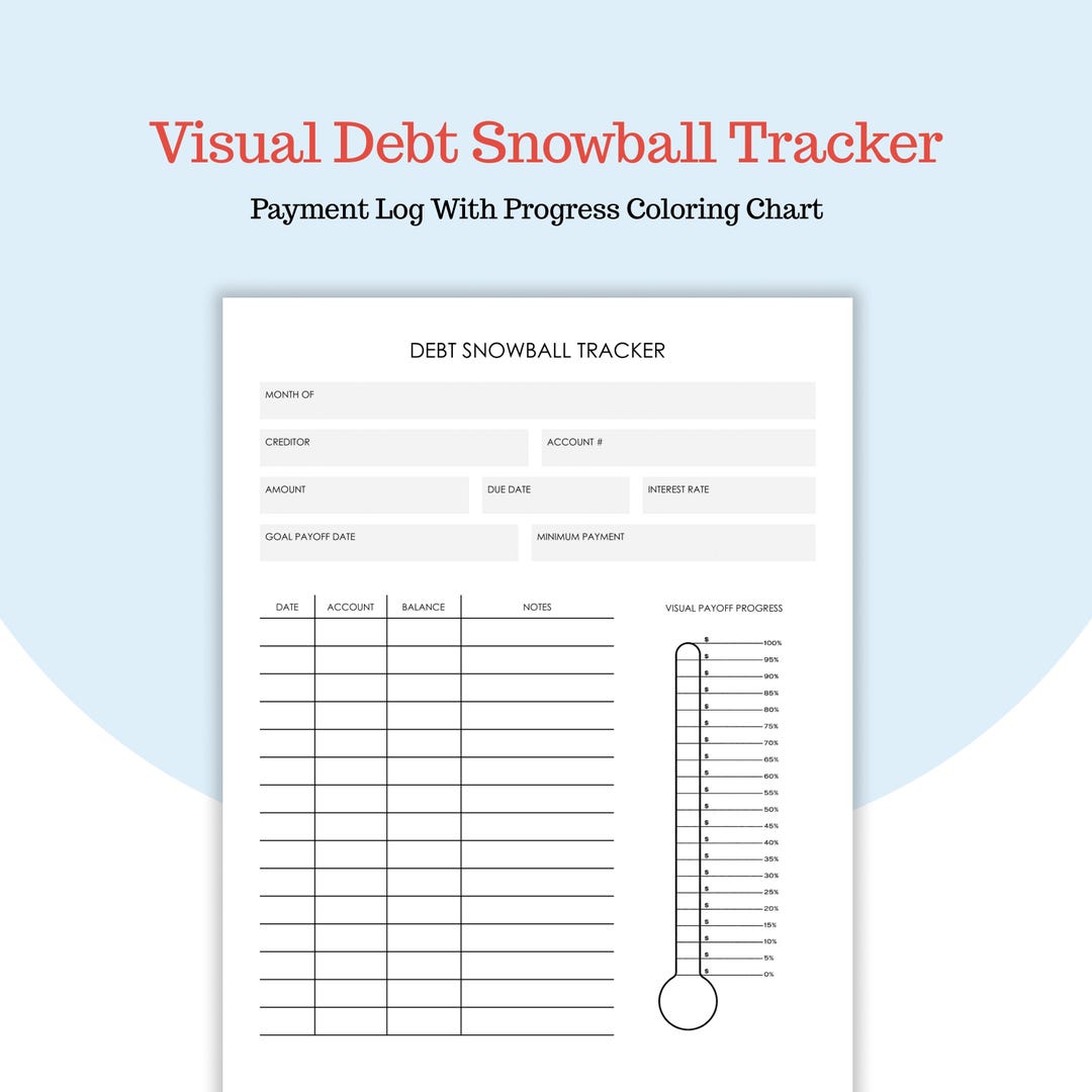 Visual Debt Snowball Tracker - Payoff Progress Chart - Percentage ...