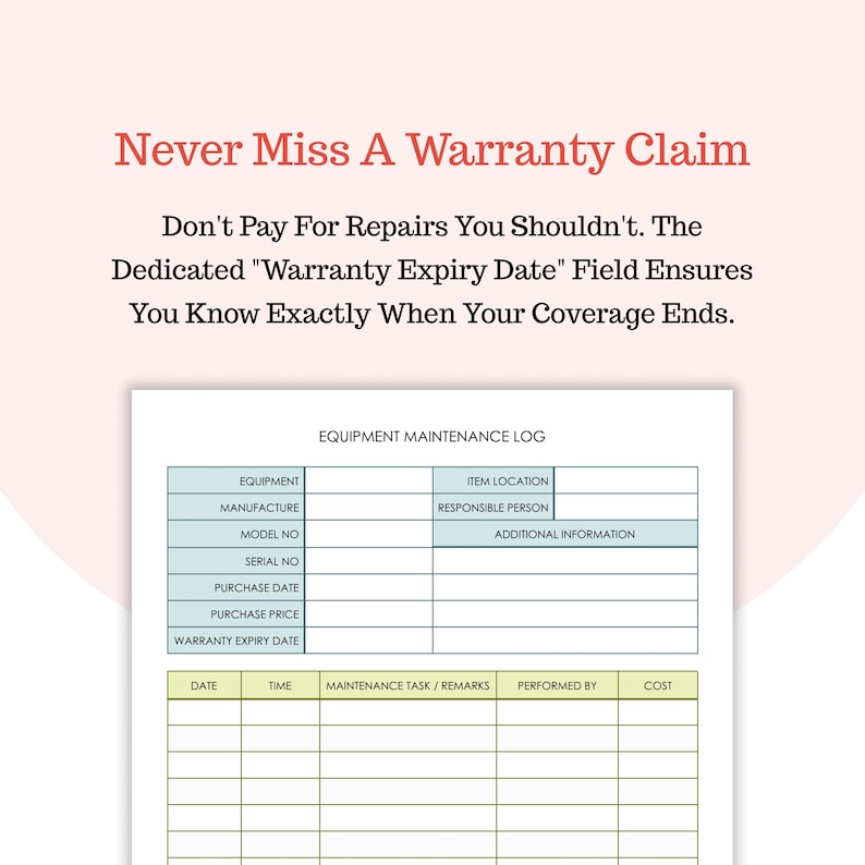 Equipment Maintenance Log - Warranty Expiry Tracker - Purchase Price ...