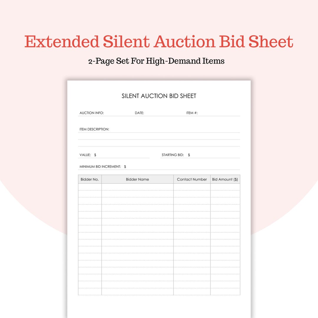 Extended Silent Auction Bid Sheet - 2 Page Set for High Bids - Overflow ...