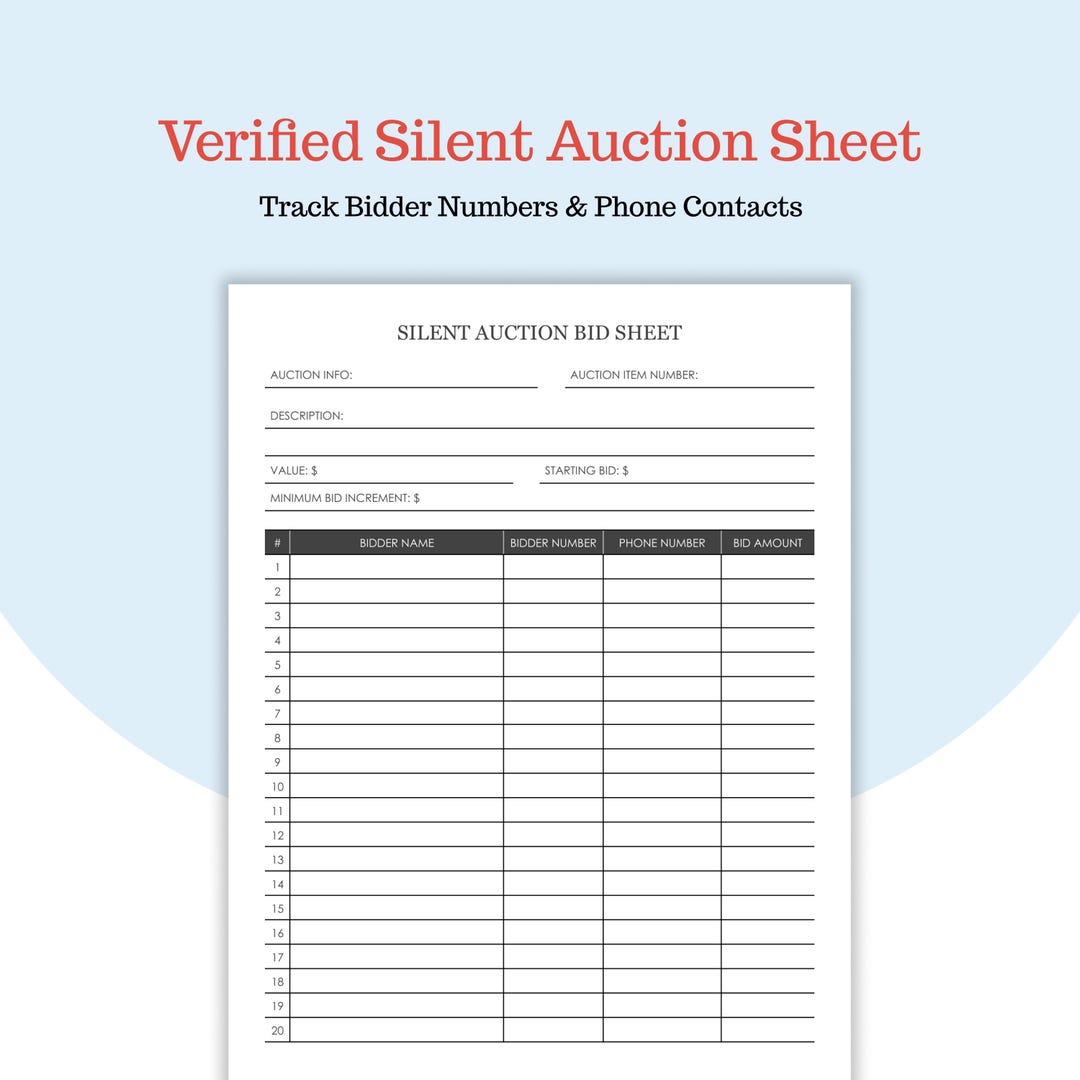 Silent Auction Bid Sheet With Bidder Number - Paddle ID & Name Columns ...